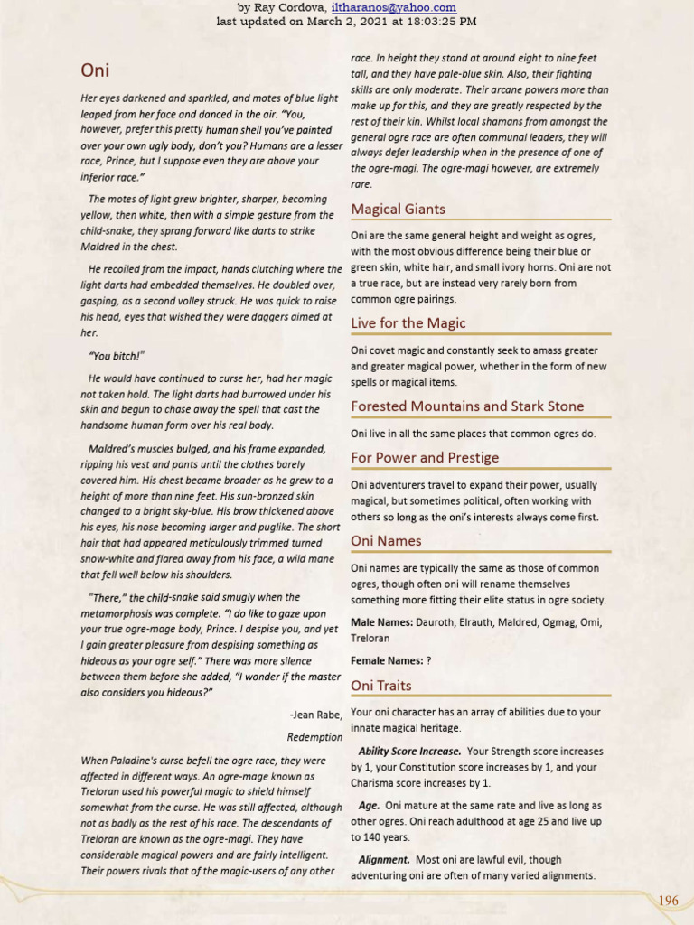 Excerpt - 5e Oni Race | PDF