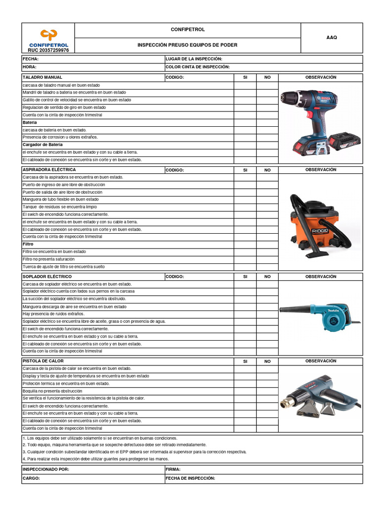 5-Inspección Preuso Equipos de Poder | PDF | Aspiradora | Bienes ...