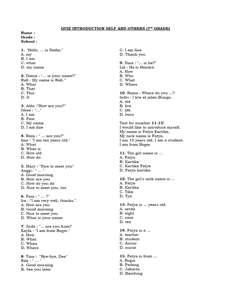 Quiz Bahasa Inggris Introduction Self and Others | PDF