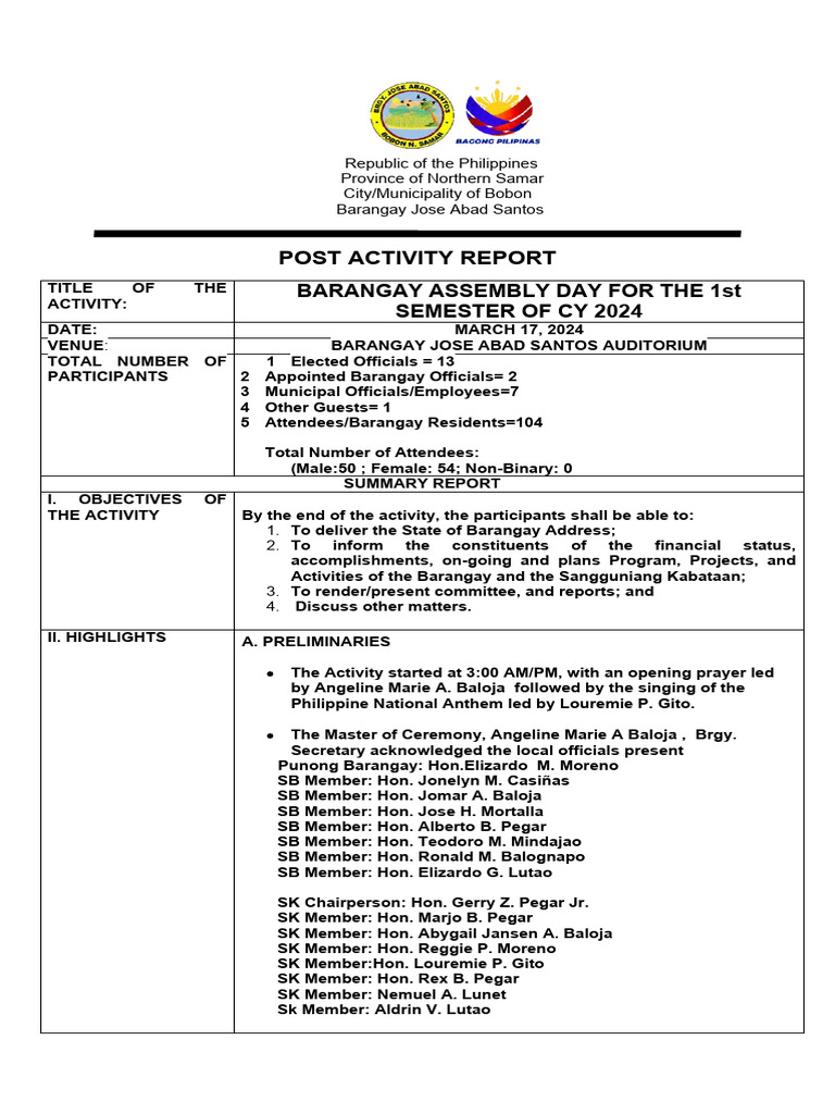Post Activity Report Brgy. Jose Abad Santos 1st Semester 2024 | PDF ...