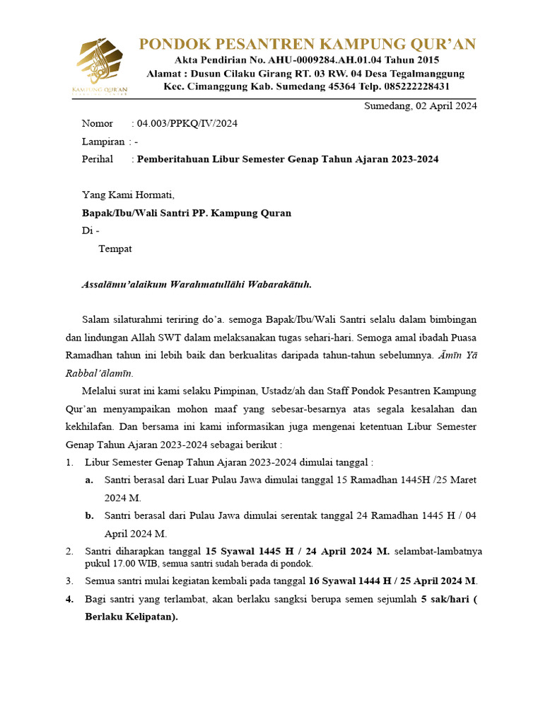 Surat Pemberitahuan Libur Ramadhan 1445 H | PDF