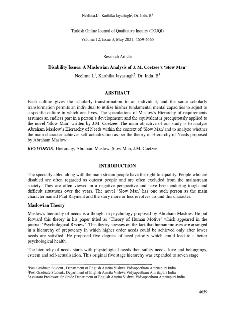 Disability Issues: A Maslowian Analysis of J. M. Coetzee's Slow Man' | PDF | Self Esteem ...