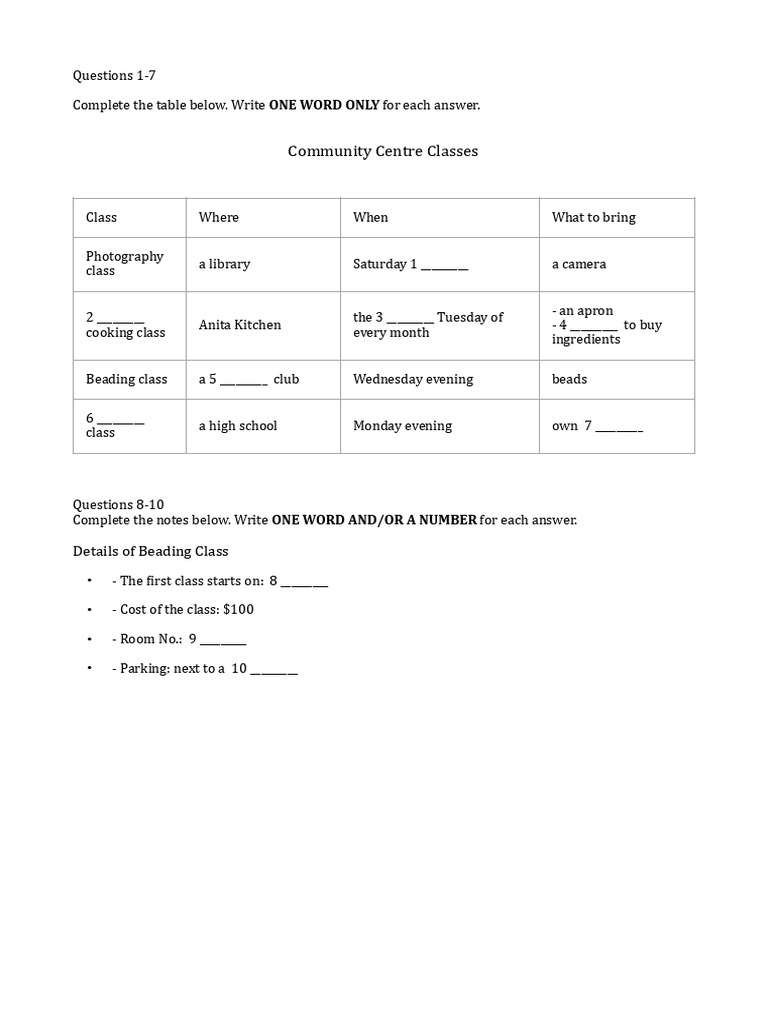 Community Centre Class Details | PDF