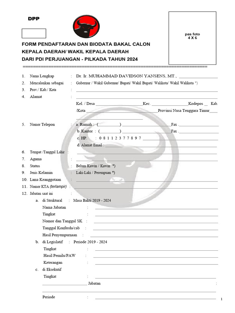 FORM Pendaftaran Dan Biodata Calon Kepala Daerah Pilkada 2024 | PDF