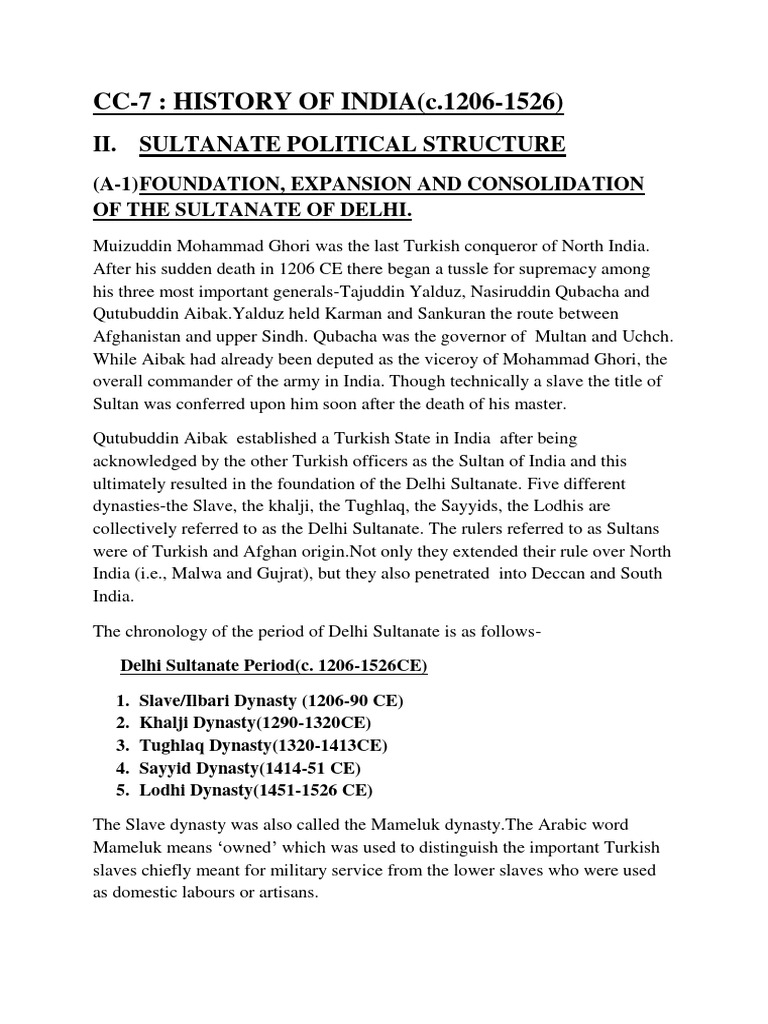 CC-7: HISTORY OF INDIA (c.1206-1526) : Ii. Sultanate Political ...