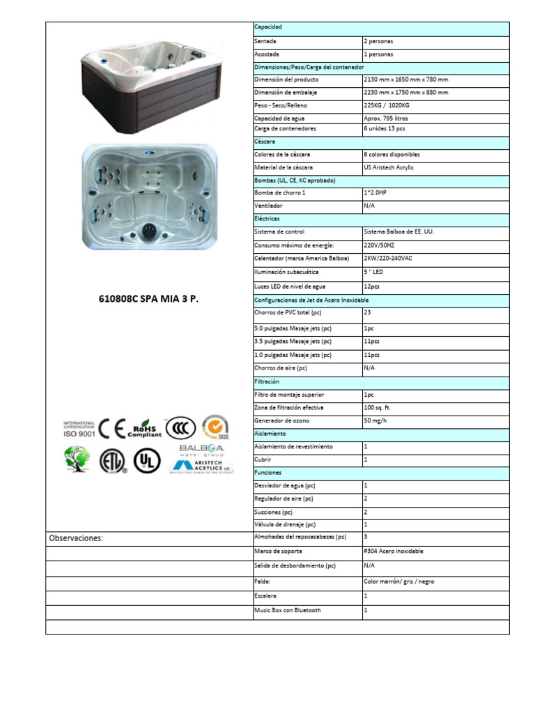 Spa MIA 3P: Especificaciones Detalladas | PDF