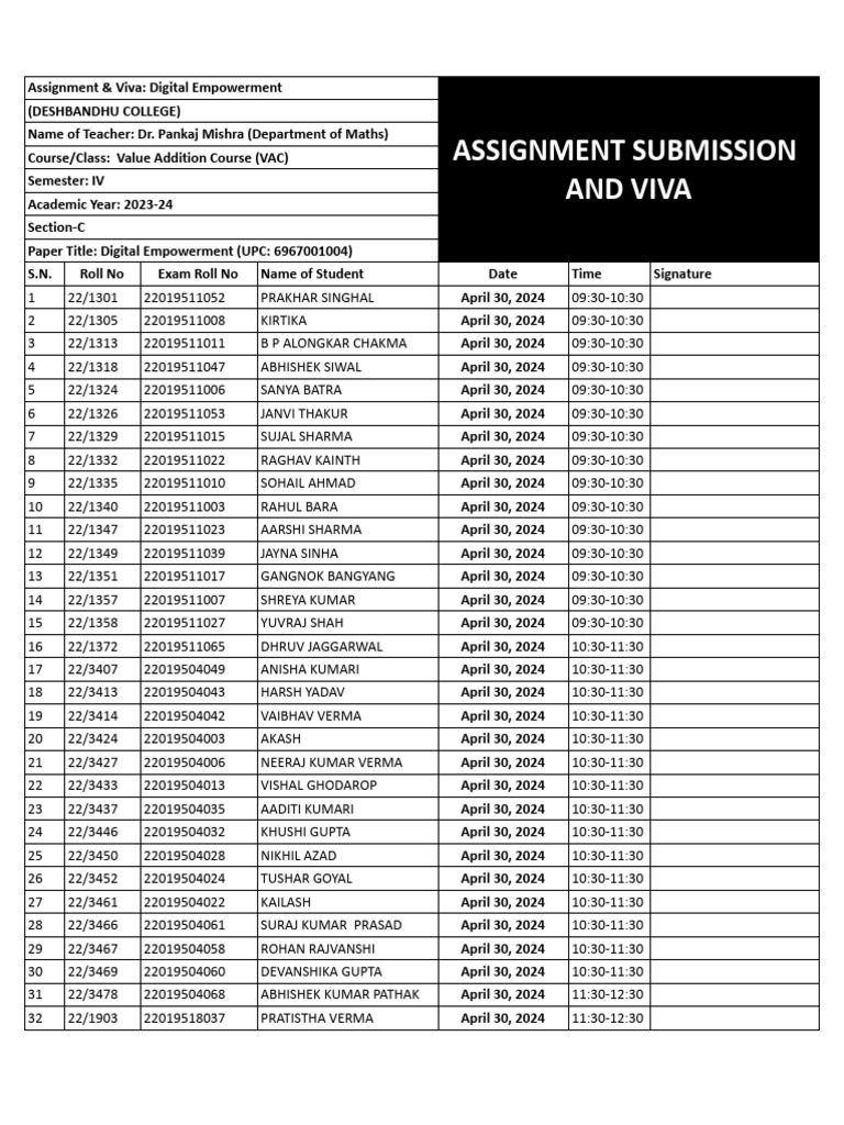 VAC-4 (Digital Empowerment) Assignment & Viva Date Sheet | PDF