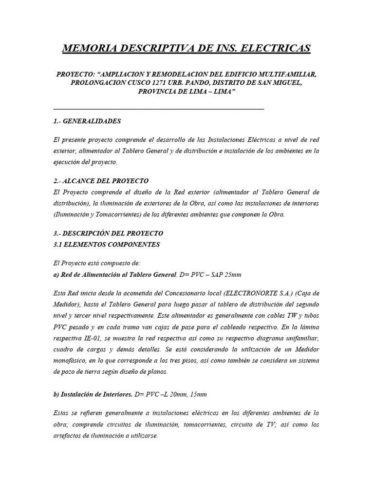 4.-Memoria Descriptiva Electricas | PDF | Energia electrica | Ingenieria Eléctrica