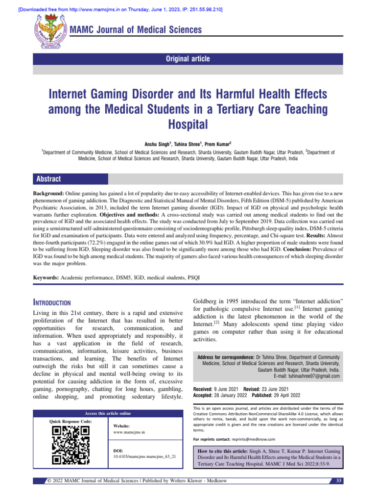 Internet Gaming Disorder and Its Harmful Health Effects Among The ...