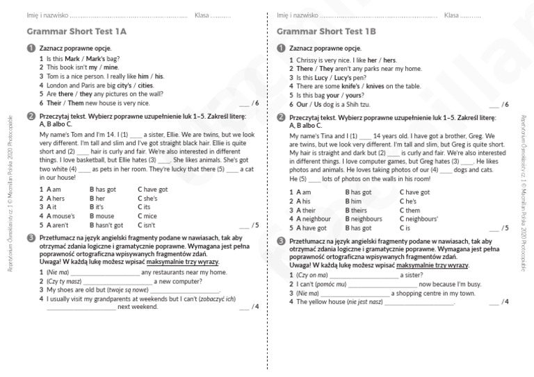 Unit 1 Short Test Grammar A&b | PDF