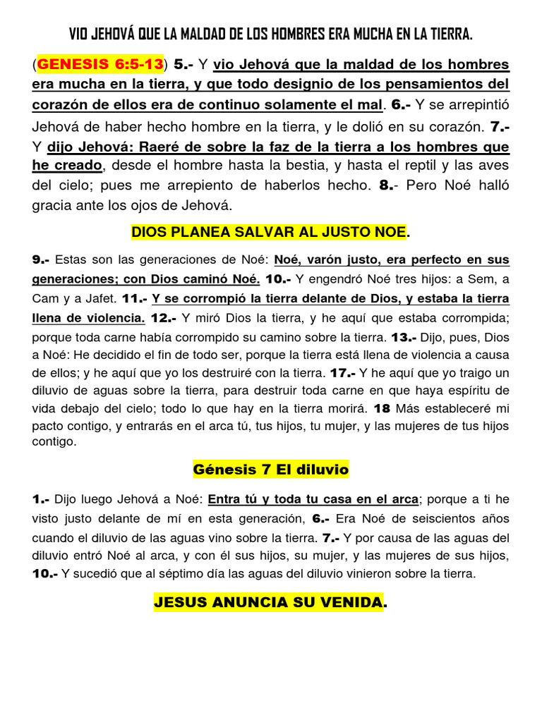 Vio Jehová Que La Maldad de Los Hombres Era Mucha en La Tierra | PDF ...