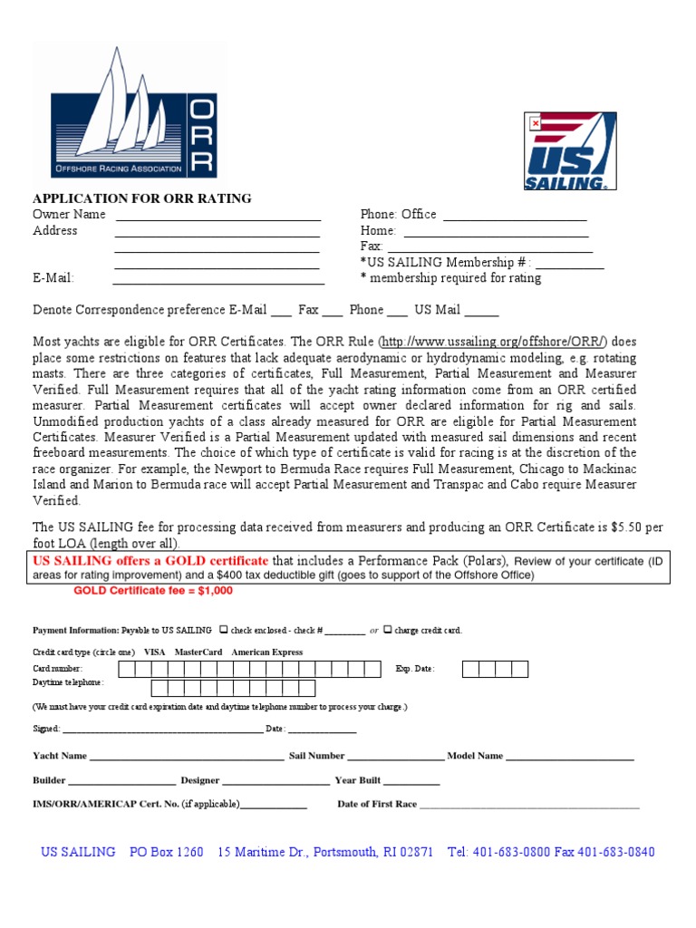 Application for an Offshore Racing Rule (ORR) Rating Certificate | PDF ...