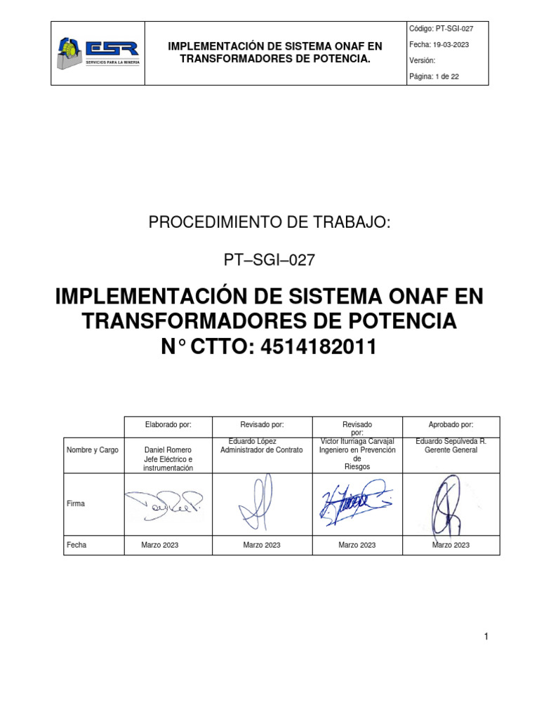 5.1.-Pt-Sgi-027 Implementación de Sistema Onaf en Transformadores de Potencia.. | PDF ...