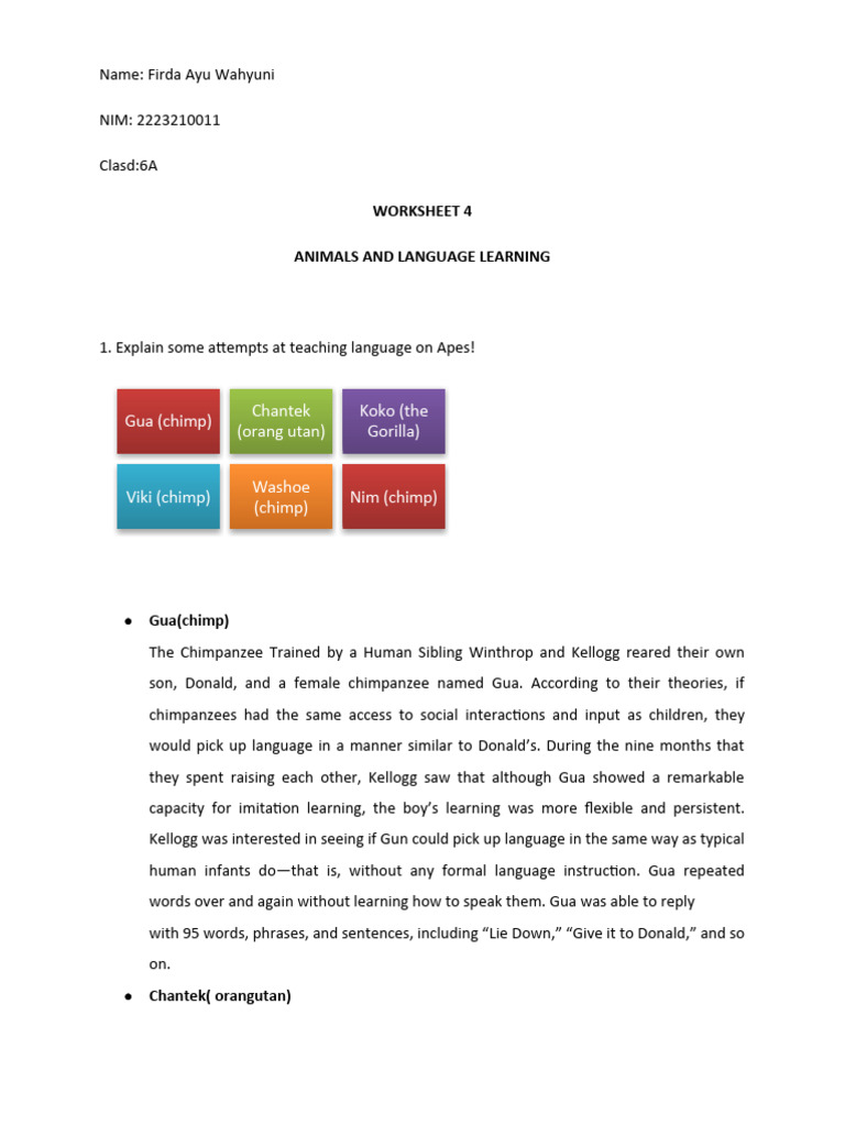 Worksheet 4 (1) | PDF | Chimpanzee | Cognitive Science