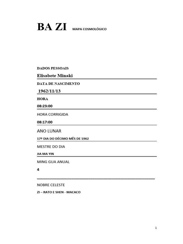 BA ZI MAPA COSMOLÓGICO - Elizabete | PDF | Yin e Yang | Corpo humano