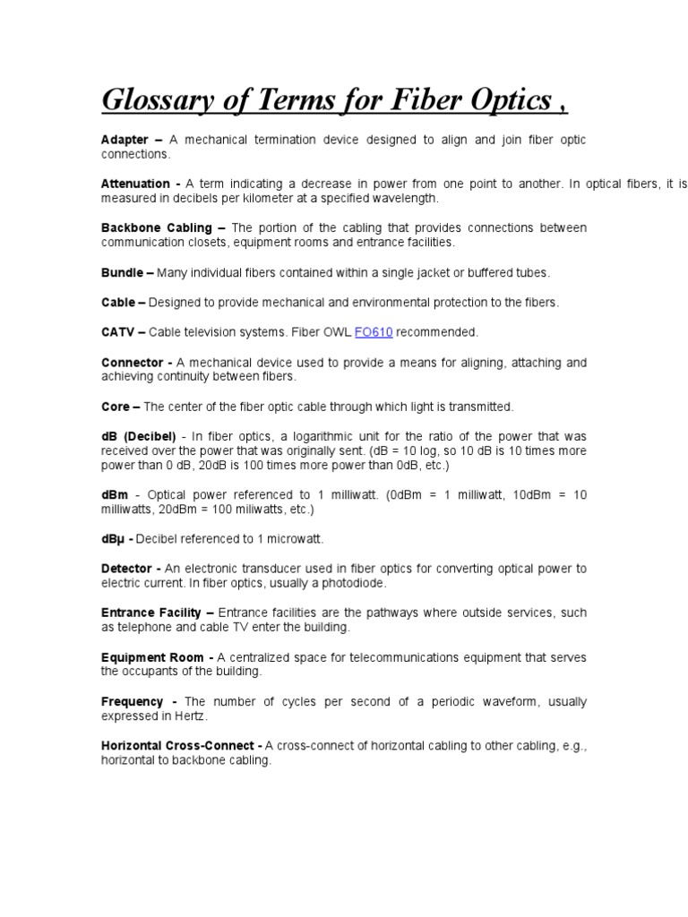 Fiber Optics Terminology Glossary | PDF | Optical Fiber | Decibel