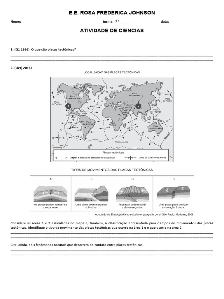 Atividade TEctônica - 7º Ano RJ | Download grátis PDF | Terremotos ...