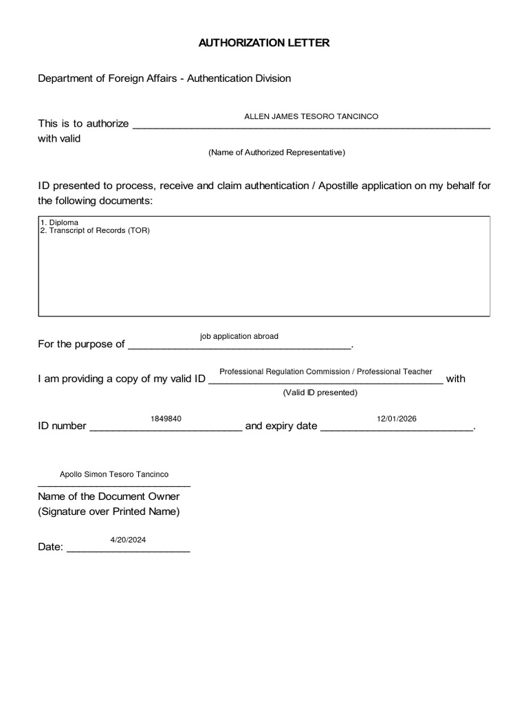 Dfa Authorization Letter | PDF