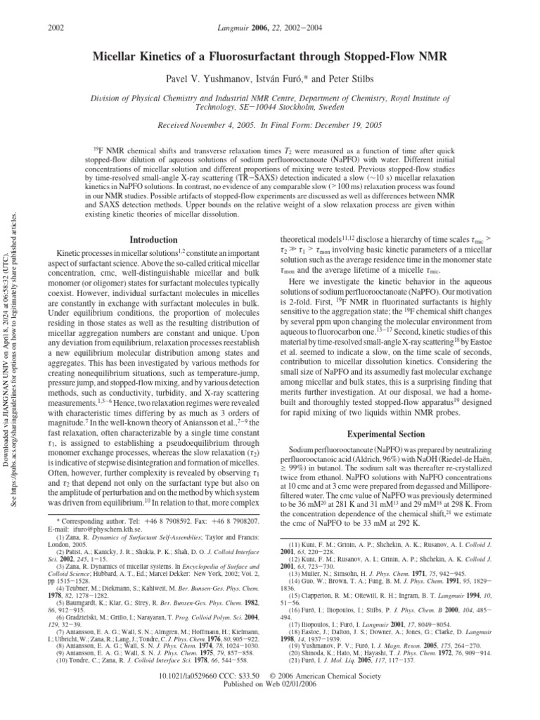 Yushmanov Et Al 2006 Micellar Kinetics of A Fluorosurfactant Through ...