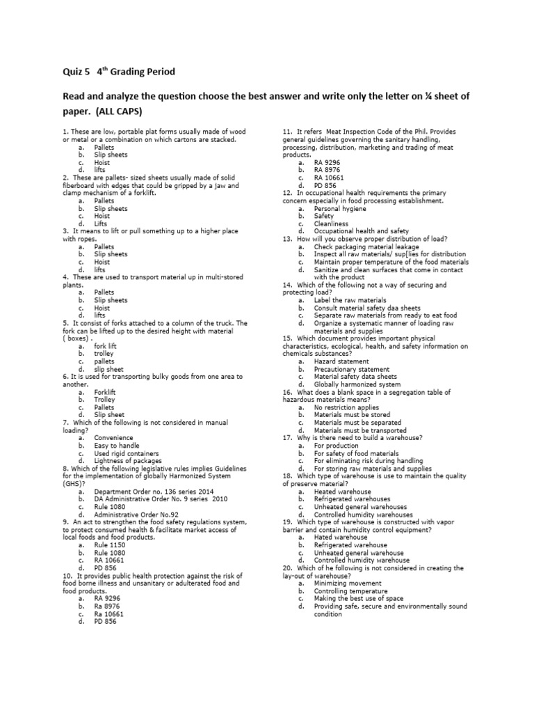 Quiz 5 4th Grading Period | PDF | Pallet | Warehouse