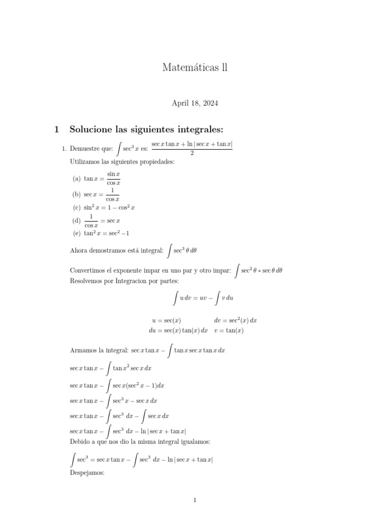 Matem Aticas LL: 1 Solucione Las Siguientes Integrales | PDF | Álgebra ...