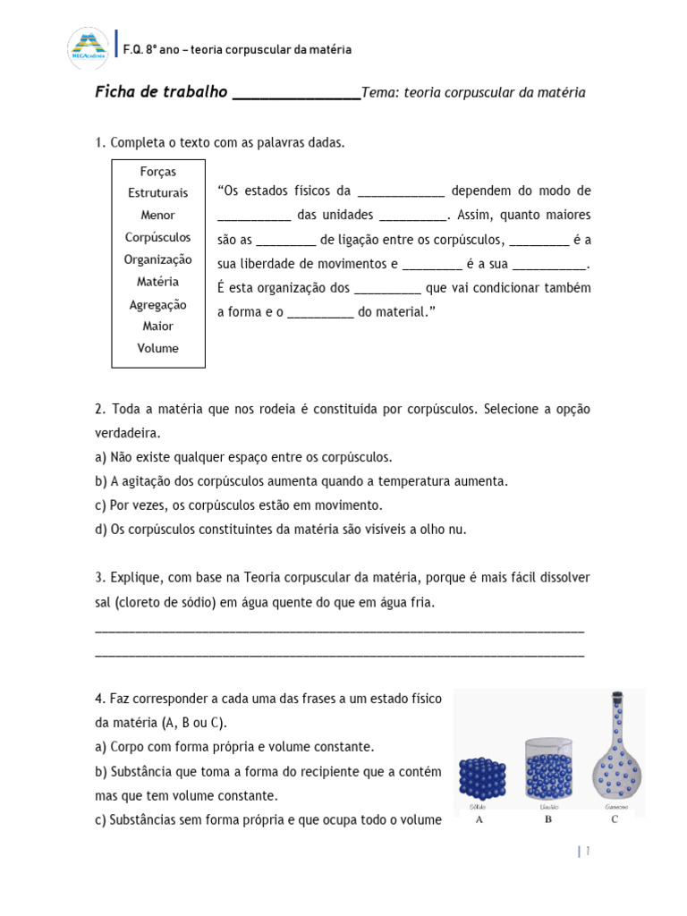 Ficha de Trabalho FQ 8º Ano Teoria Corpuscular Da Matéria | PDF | Gases ...