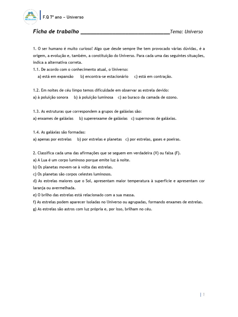 Ficha de Trabalho FQ 7ºano - Universo | PDF | Universo | Galáxia