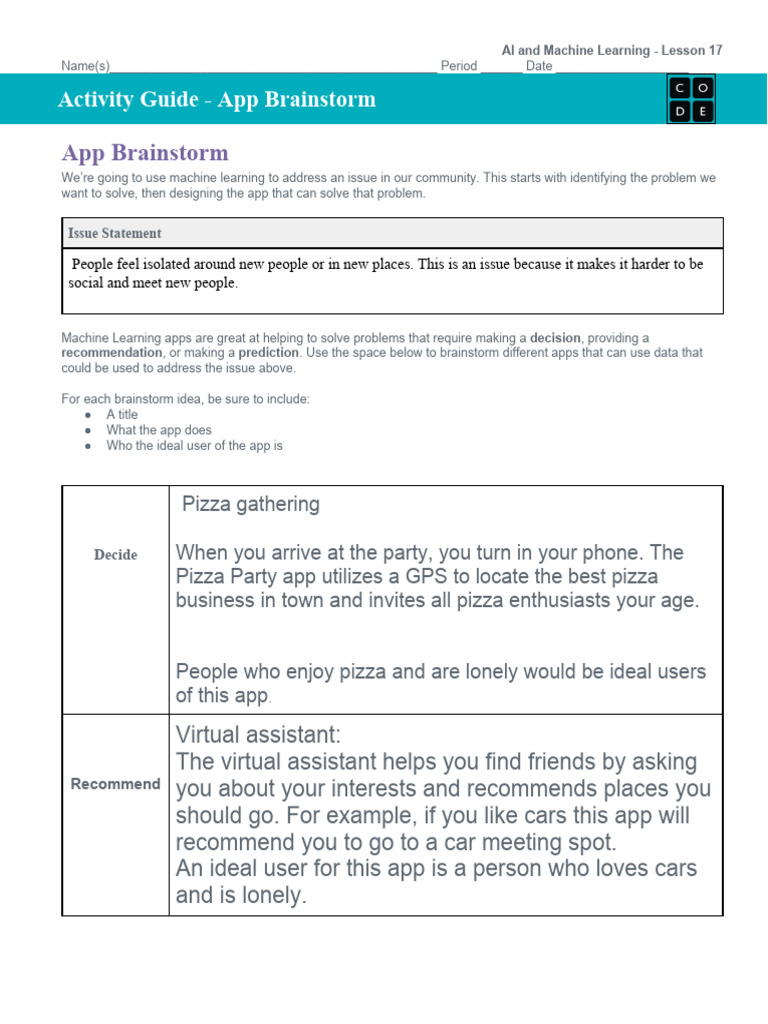 U7L17 - Activity Guide - App Brainstorm | PDF