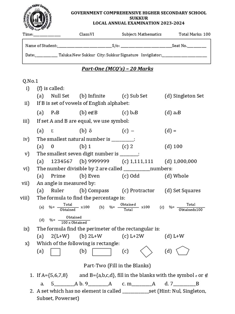2023-24 Annual Exam CLASS VI Maths in English | PDF | Numbers | Mathematical Objects