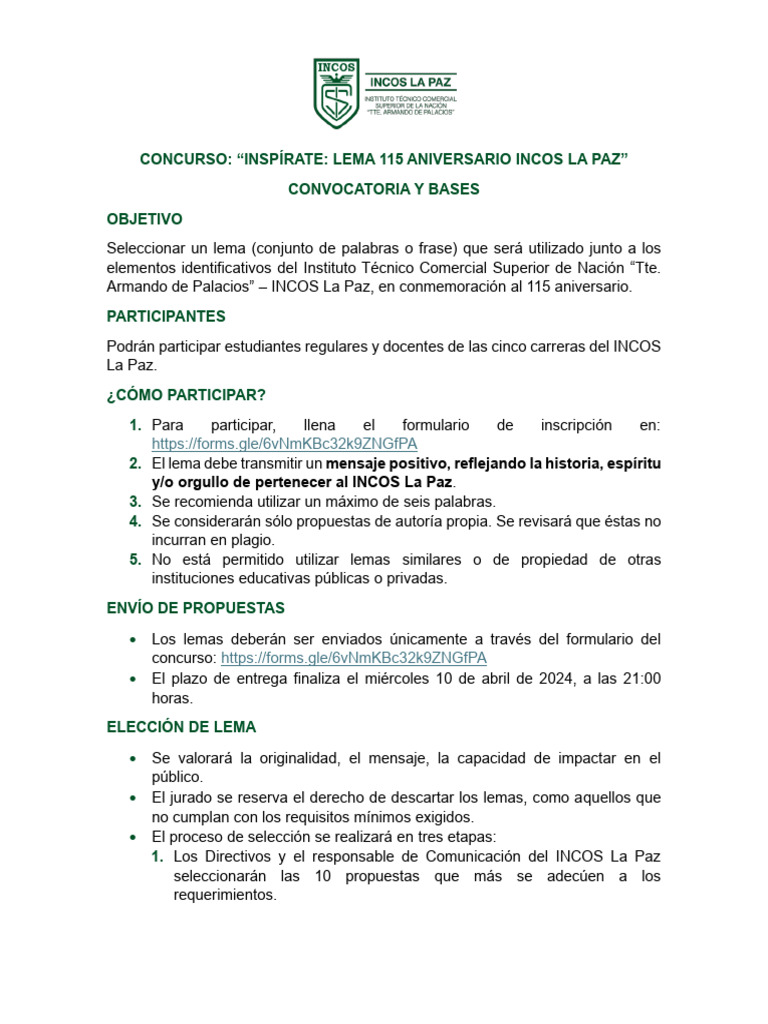 Concurso de Lema 115 Aniversario INCOS | PDF | Gobierno