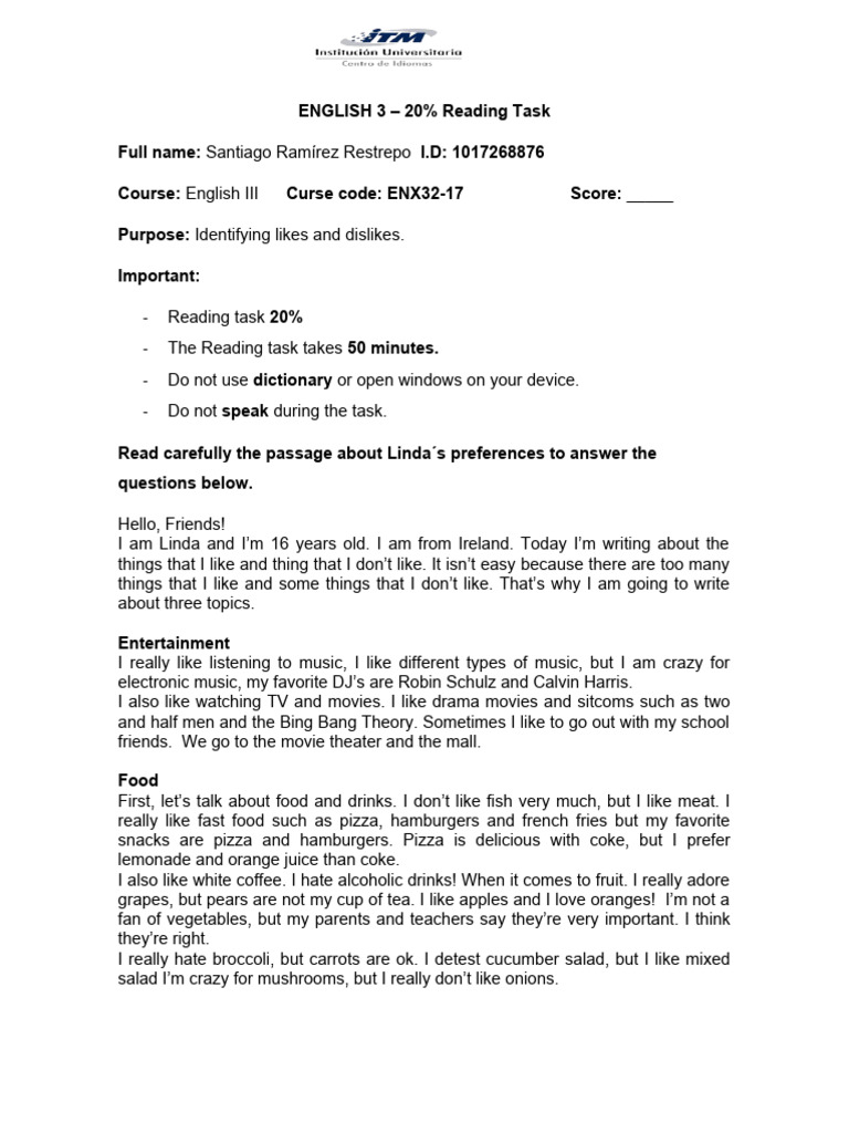 ENGLISH 3 Reading Task - Solución | PDF | Drink | Foods