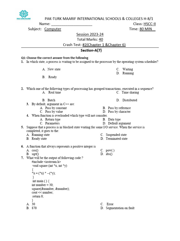 Crash#2 (2ND Year) Comp-2024 | PDF | Parameter (Computer Programming) | Integer (Computer Science)
