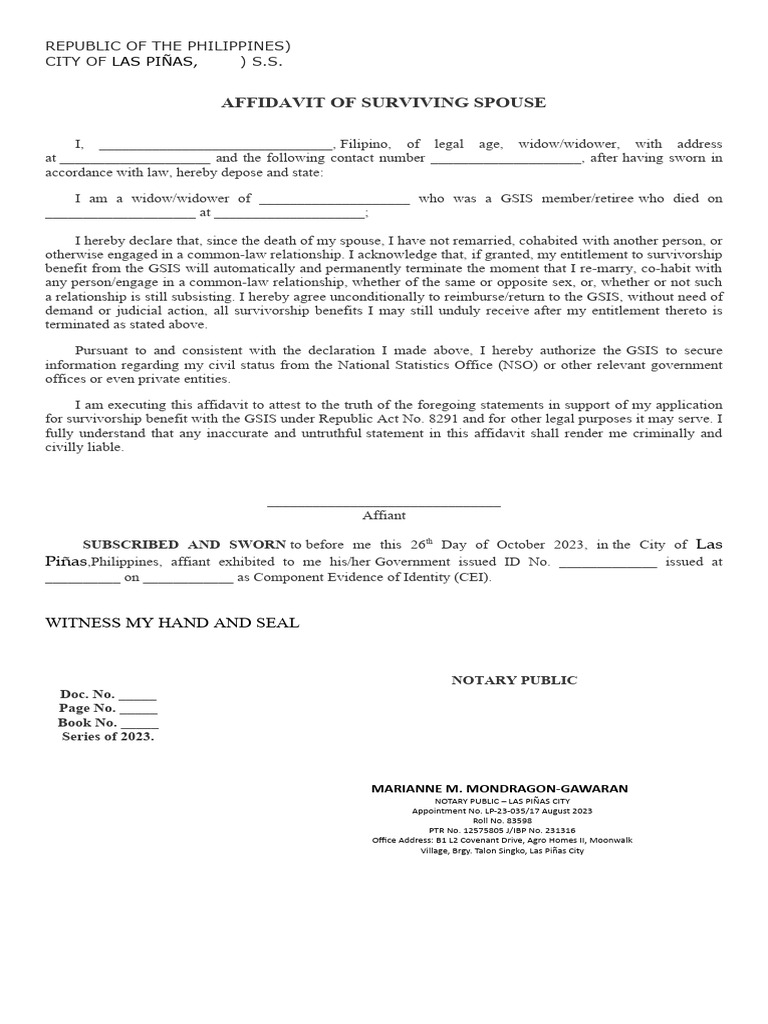 Affidavit of Surviving Spouse | PDF | Affidavit | Legal Procedure