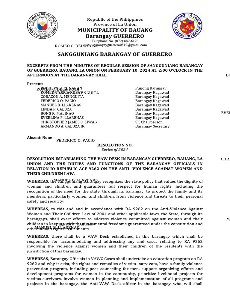 RESOLUTION ESTABLISHING THE VAW DESK IN BARANGAY GUERRERO, BAUANG, LA ... RESOLUTION ESTABLISHING THE VAW DESK IN BARANGAY GUERRERO, BAUANG, LA ...