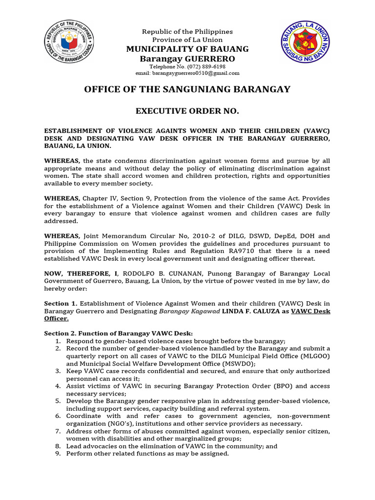 Eo Establishment of (Vawc) Desk and Designating Vaw Desk Officer in The ...