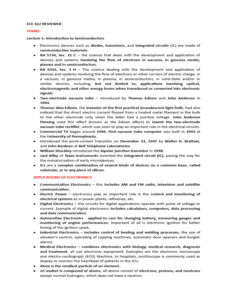 Ece 422 Reviewer | PDF | P–N Junction | Diode