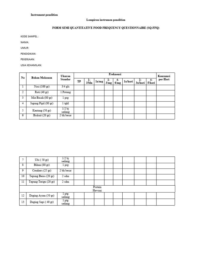 Formulir SQ-FFQ untuk Penelitian Gizi | PDF