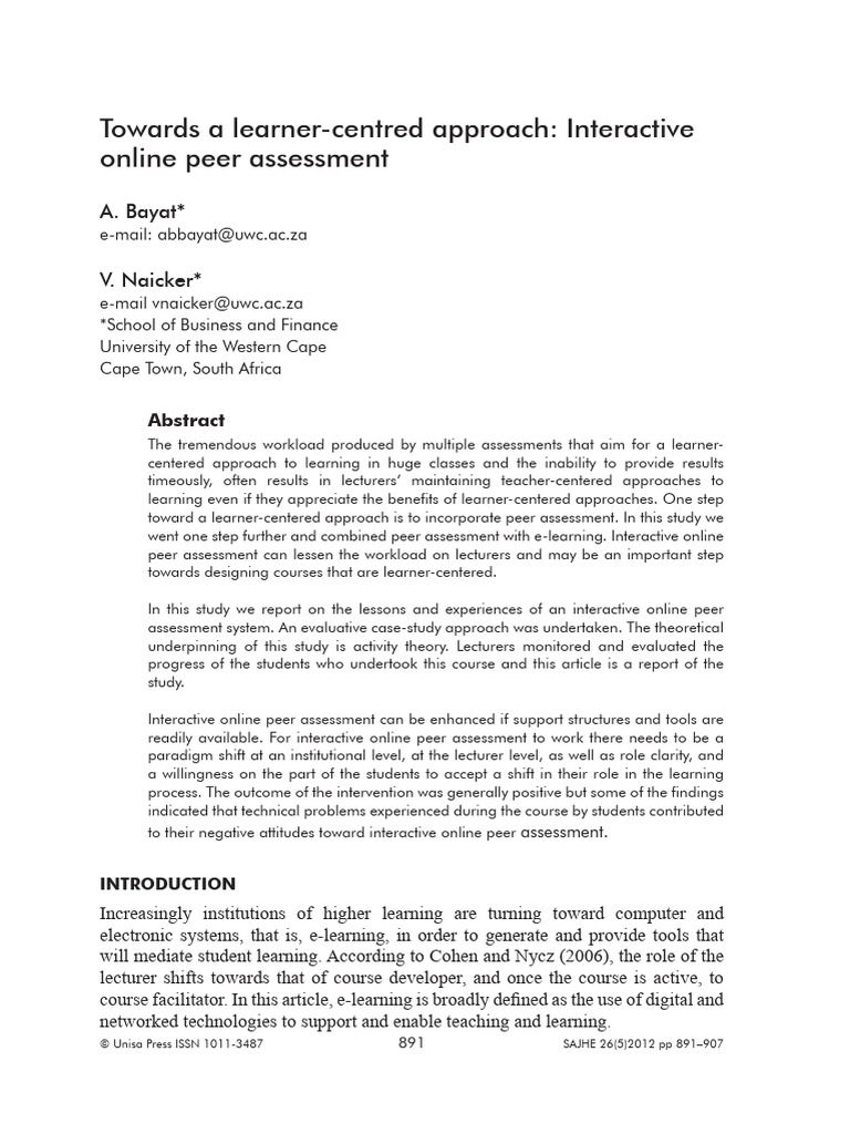 Bayat Naicker 2012 Towards A Learner Centred Approach Interactive Online Peer Assessment | PDF ...