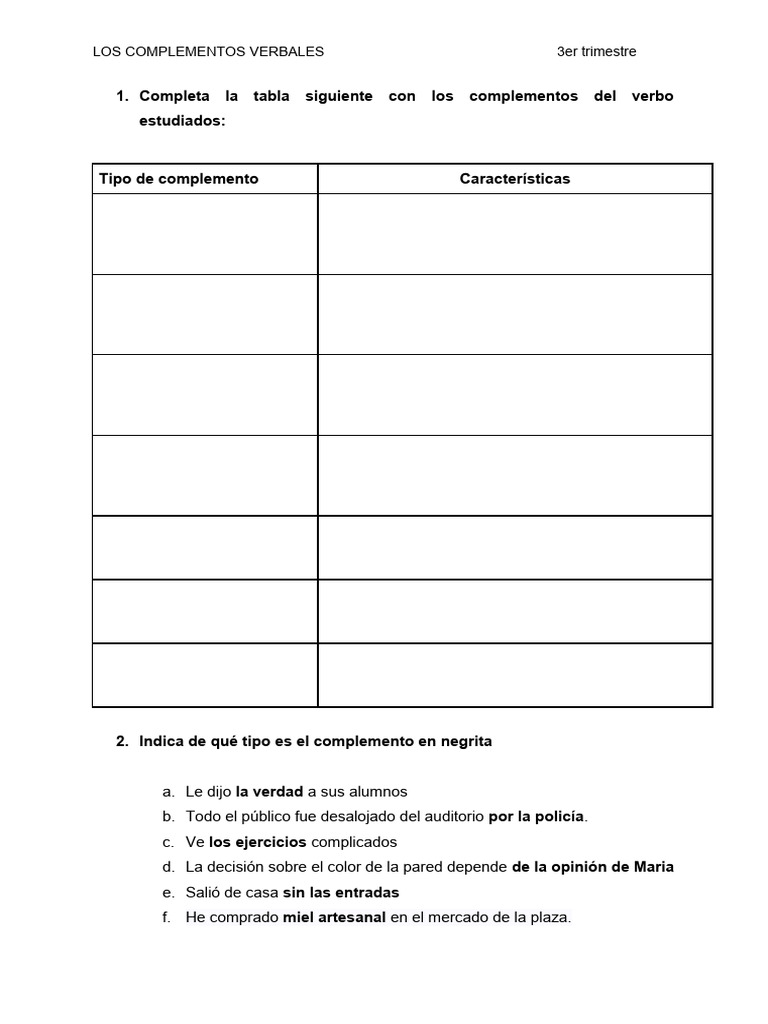 Ejercicios de Los Complementos Verbales | PDF