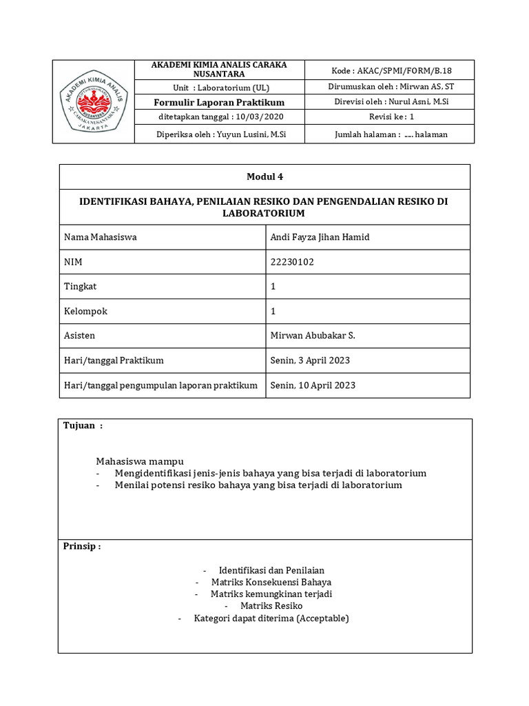 (Modul 4) IDENTIFIKASI BAHAYA, PENILAIAN RESIKO DAN PENGENDALIAN RESIKO DI LABORATORIUM | PDF