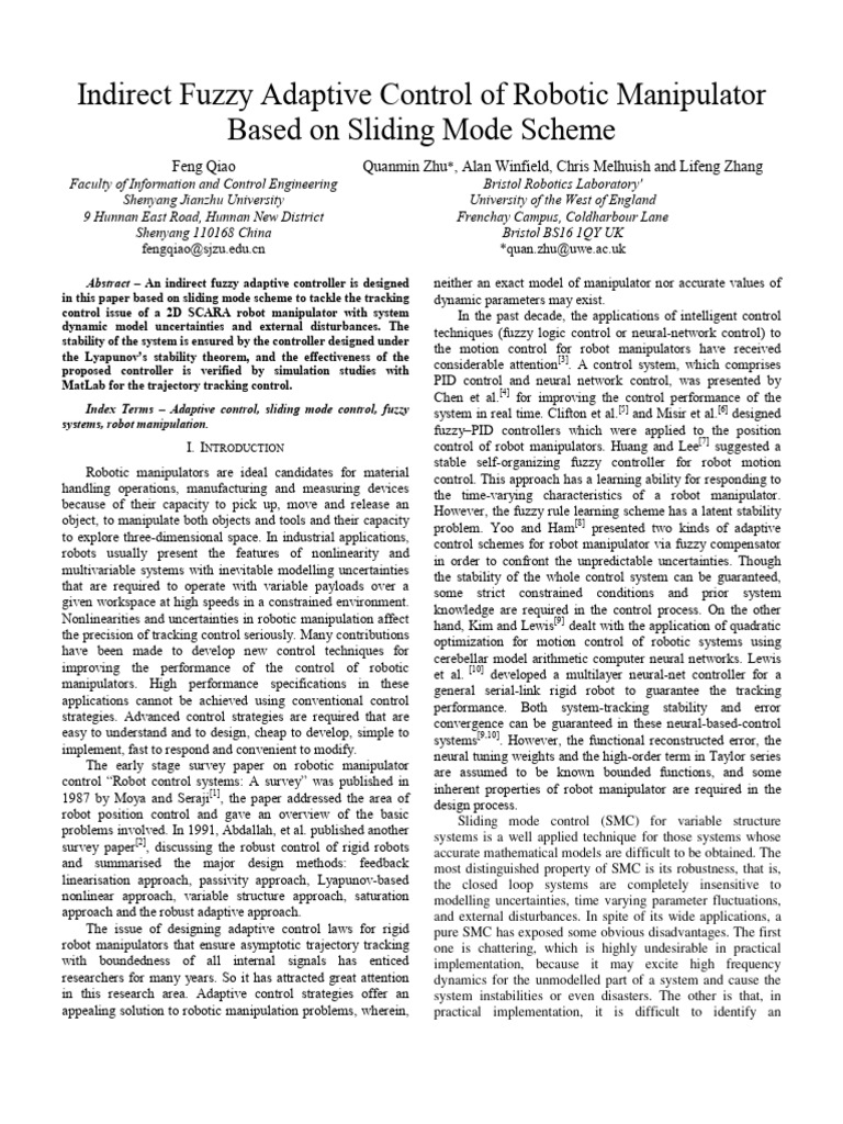 Indirect Fuzzy Adaptive Control of Robotic Manipulator Based On Sliding Mode Scheme | PDF ...