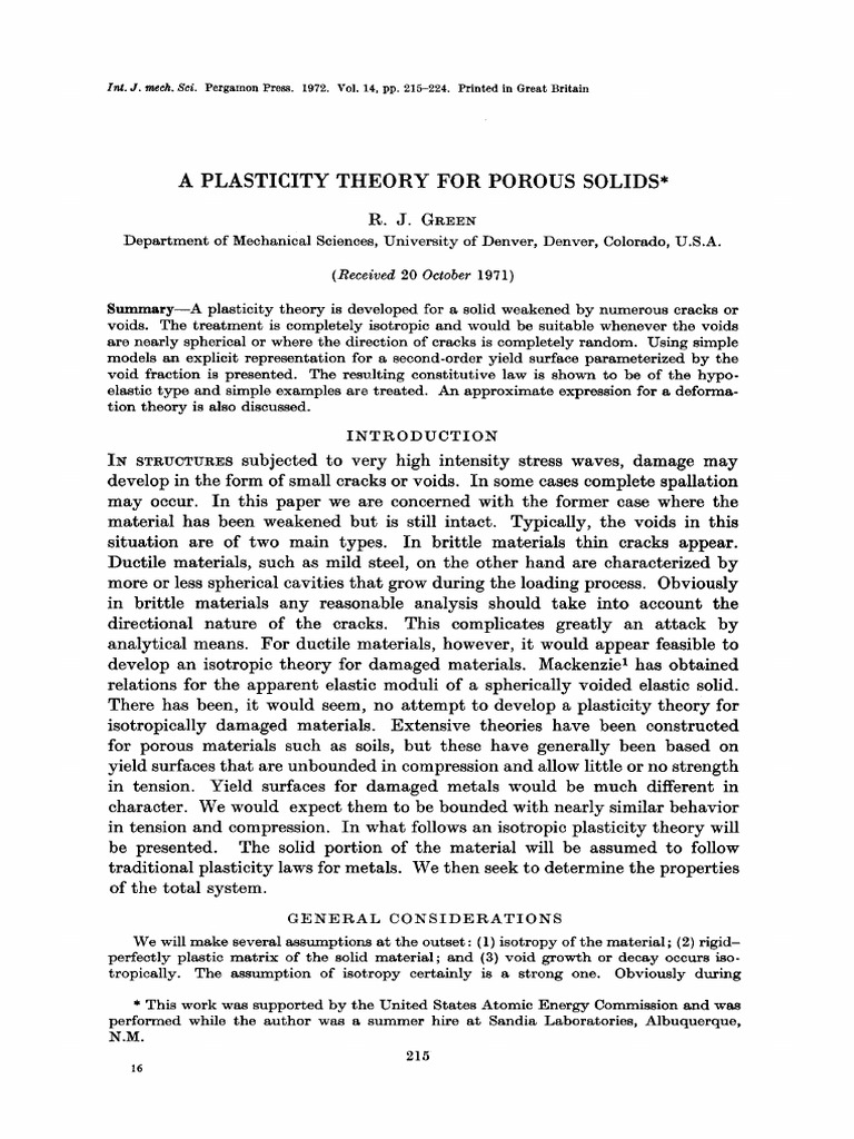 A Plasticity Theory For Porous Solids | PDF | Yield (Engineering) | Fracture