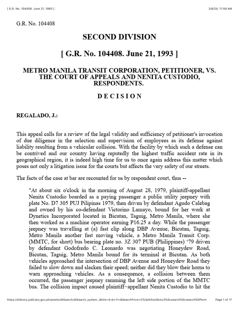 Metro Manila Transit Corp. Liability Case | PDF | Negligence | Legal ...