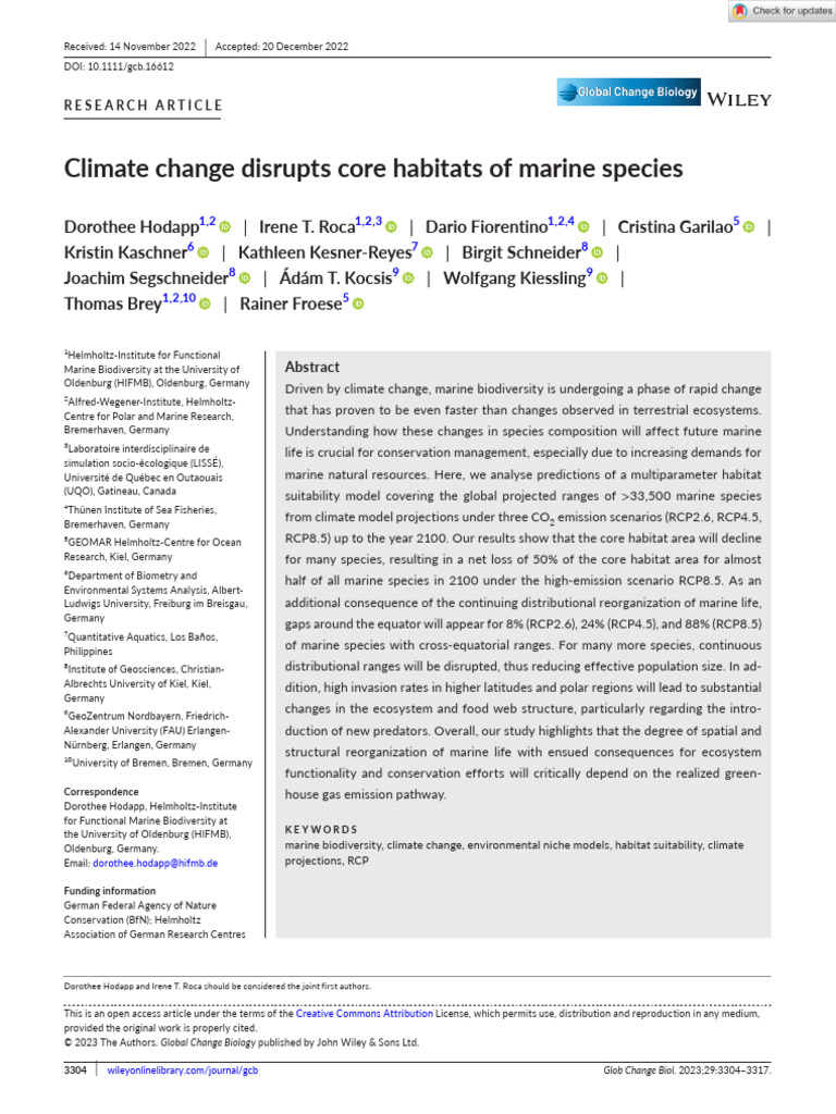 Global Change Biology - 2023 - Hodapp - Climate Change Disrupts Core Habitats of Marine Species ...