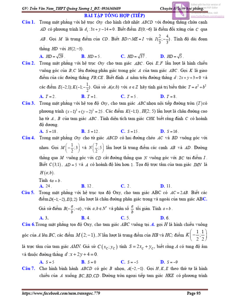 BÀI TẬP TỔNG HỢP OXY | PDF