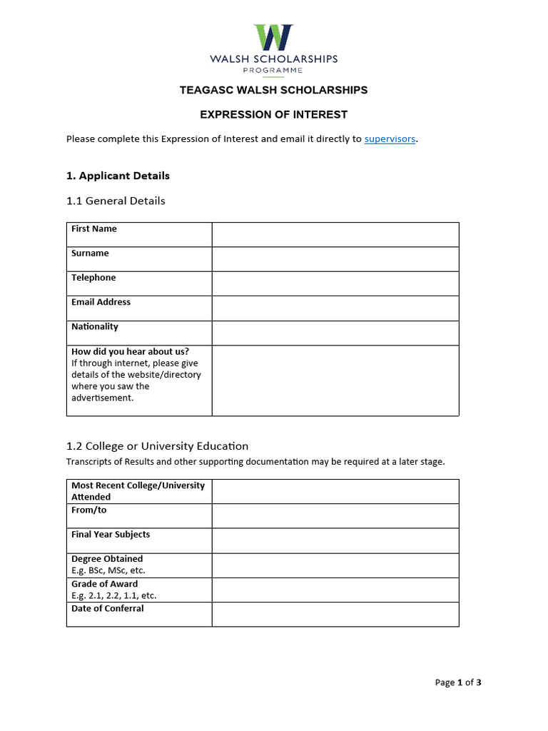 Teagasc Walsh Scholarships Expression of Interest Form 2023 | PDF | Academic Degree | Vocational ...