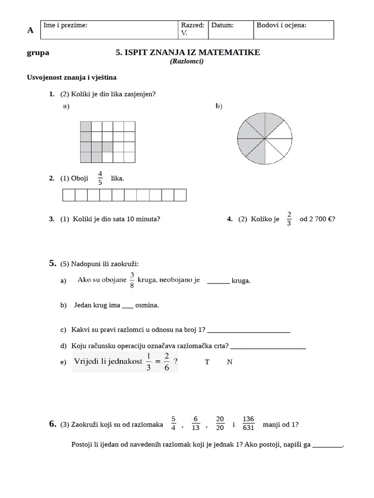 266744834-Ispit-Znanja-4-RAZLOMCI-Peti-Razred-A PRVA STR | PDF