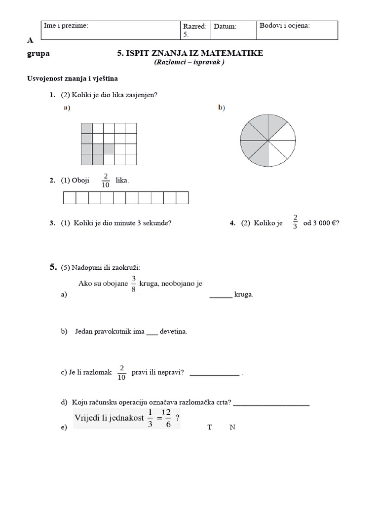 Ispit Znanja 4 RAZLOMCI Peti Razred A (Copy) | PDF