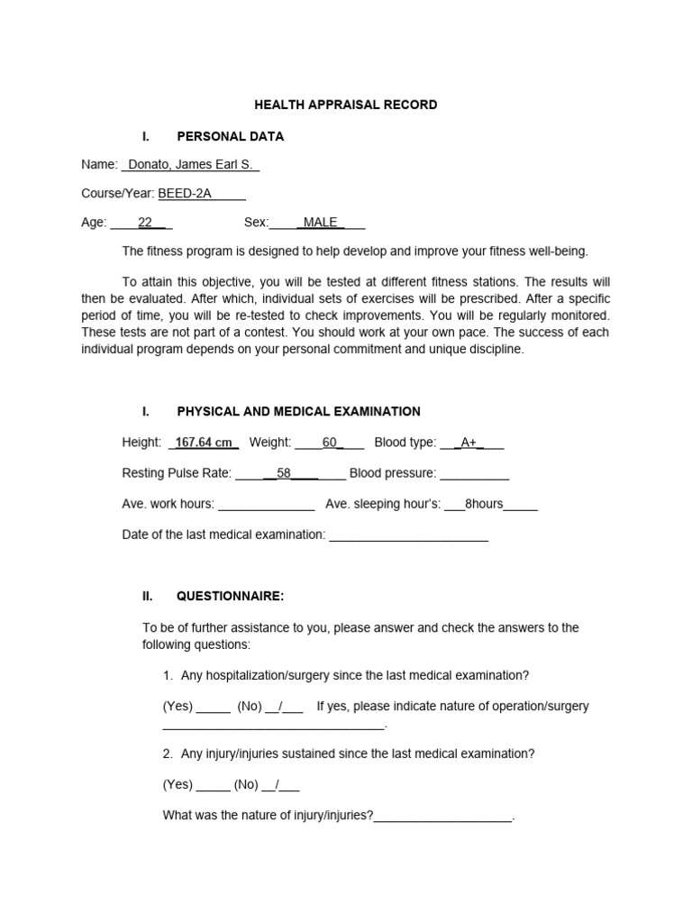 James Earl Surmieda Donato - HEALTH APPRAISAL RECORD | PDF | Physical ...