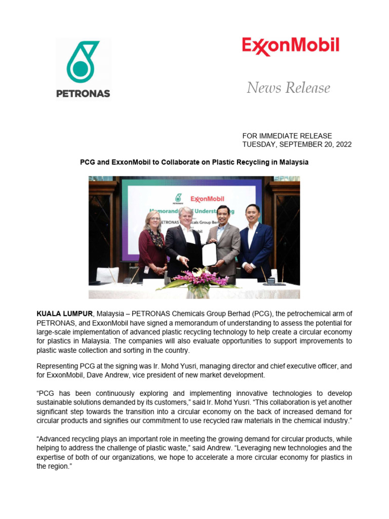 PCG and Exxonmobil To Collaborate On Plastic Recycling in Malaysia ...